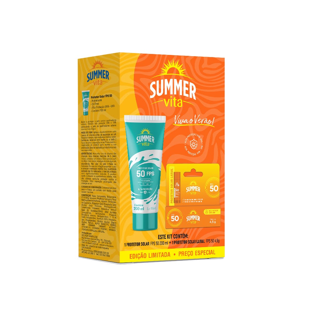 Kit Protetor Solar Summer Vita FPS50 Frasco 200ml +Protetor Labial ...